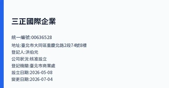 三正國際企業的照片-統編 00636528(臺北市) 公司登記資料與營業項目詳細圖表