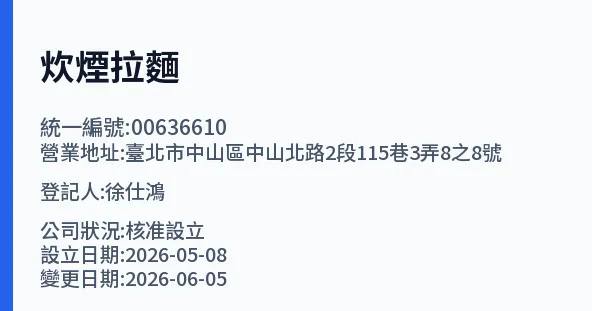 炊煙拉麵的照片-統編 00636610(臺北市) 公司登記資料與營業項目詳細圖表