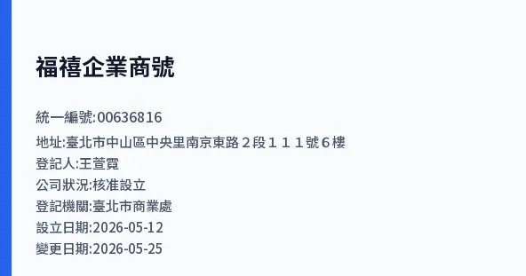 福禧企業商號的照片-統編 00636816(臺北市) 公司登記資料與營業項目詳細圖表