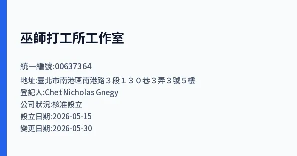 巫師打工所工作室的照片-統編 00637364(臺北市) 公司登記資料與營業項目詳細圖表
