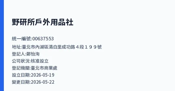 野研所戶外用品社的照片-統編 00637553(臺北市) 公司登記資料與營業項目詳細圖表