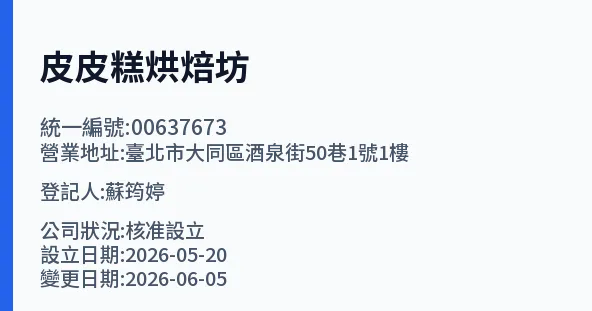 皮皮糕烘焙坊的照片-統編 00637673(臺北市) 公司登記資料與營業項目詳細圖表