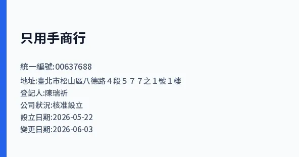 只用手商行的照片-統編 00637688(臺北市) 公司登記資料與營業項目詳細圖表