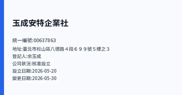 玉成安特企業社的照片-統編 00637863(臺北市) 公司登記資料與營業項目詳細圖表