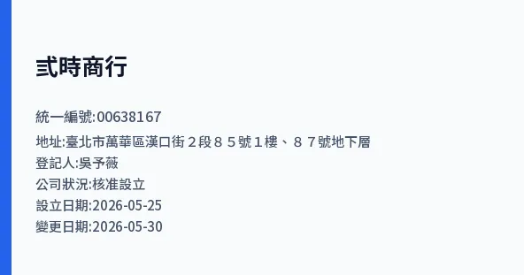 弎時商行的照片-統編 00638167(臺北市) 公司登記資料與營業項目詳細圖表