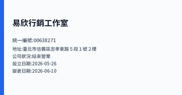 易欣行銷工作室的照片-統編 00638271(臺北市) 公司登記資料與營業項目詳細圖表