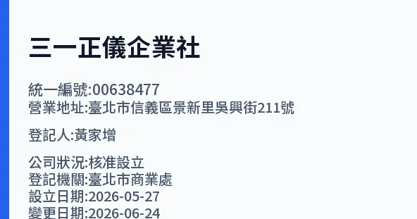 三一正儀企業社的照片-統編 00638477(臺北市) 公司登記資料與營業項目詳細圖表