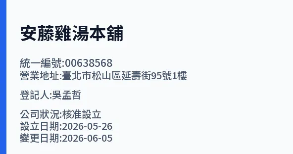 安藤雞湯本舖的照片-統編 00638568(臺北市) 公司登記資料與營業項目詳細圖表
