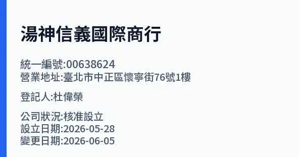湯神信義國際商行的照片-統編 00638624(臺北市) 公司登記資料與營業項目詳細圖表