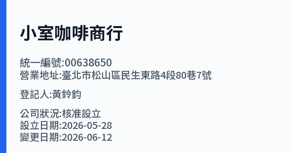 小室咖啡商行的照片-統編 00638650(臺北市) 公司登記資料與營業項目詳細圖表