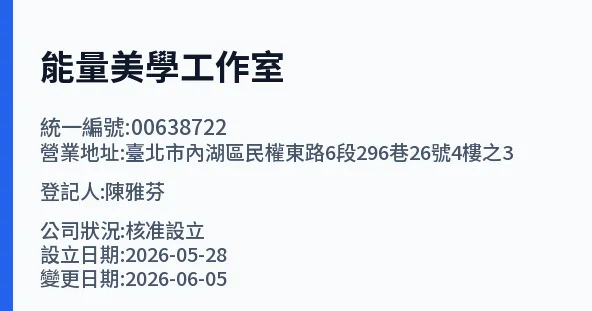 能量美學工作室的照片-統編 00638722(臺北市) 公司登記資料與營業項目詳細圖表