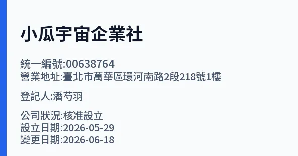 小瓜宇宙企業社的照片-統編 00638764(臺北市) 公司登記資料與營業項目詳細圖表