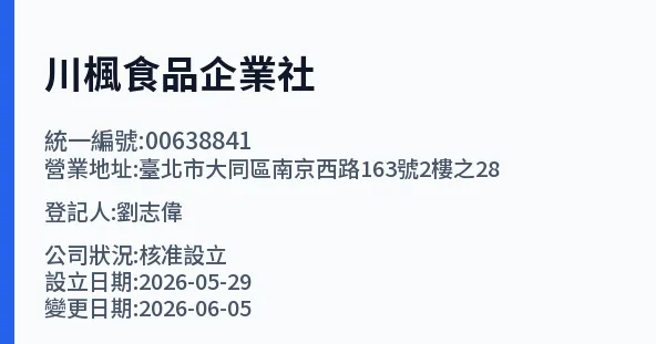 川楓食品企業社的照片-統編 00638841(臺北市) 公司登記資料與營業項目詳細圖表