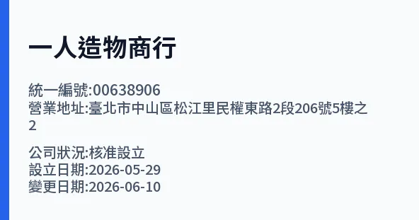 一人造物商行的照片-統編 00638906(臺北市) 公司登記資料與營業項目詳細圖表
