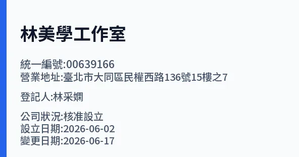 林美學工作室的照片-統編 00639166(臺北市) 公司登記資料與營業項目詳細圖表