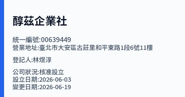 醇茲企業社的照片-統編 00639449(臺北市) 公司登記資料與營業項目詳細圖表