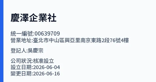 慶澤企業社的照片-統編 00639709(臺北市) 公司登記資料與營業項目詳細圖表