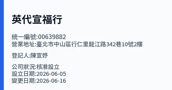 英代宣福行的照片-統編 00639882(臺北市) 公司登記資料與營業項目詳細圖表
