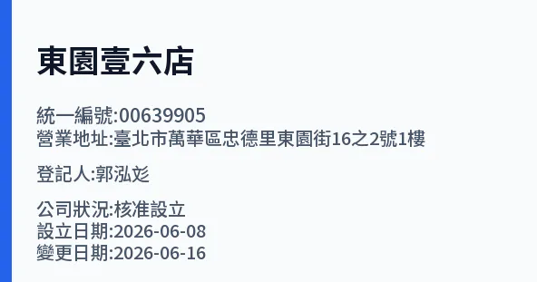 東園壹六店的照片-統編 00639905(臺北市) 公司登記資料與營業項目詳細圖表