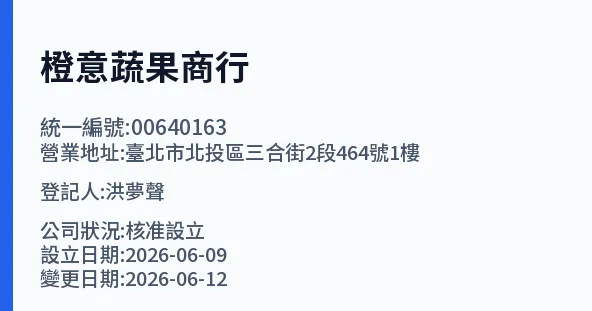 橙意蔬果商行的照片-統編 00640163(臺北市) 公司登記資料與營業項目詳細圖表