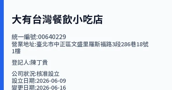大有台灣餐飲小吃店的照片-統編 00640229(臺北市) 公司登記資料與營業項目詳細圖表