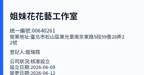 姐妹花花藝工作室的照片-統編 00640261(臺北市) 公司登記資料與營業項目詳細圖表