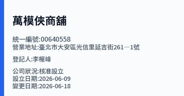 萬模俠商舖的照片-統編 00640558(臺北市) 公司登記資料與營業項目詳細圖表