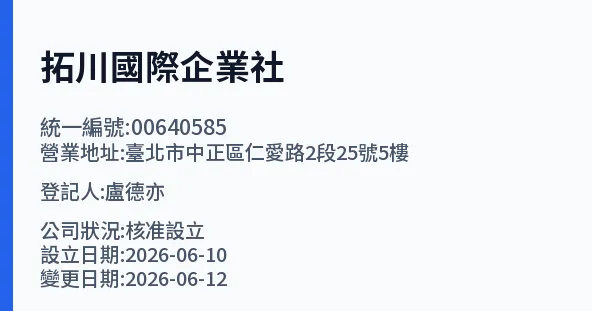 拓川國際企業社的照片-統編 00640585(臺北市) 公司登記資料與營業項目詳細圖表