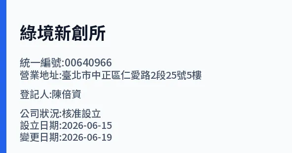 綠境新創所的照片-統編 00640966(臺北市) 公司登記資料與營業項目詳細圖表
