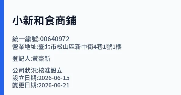 小新和食商鋪的照片-統編 00640972(臺北市) 公司登記資料與營業項目詳細圖表