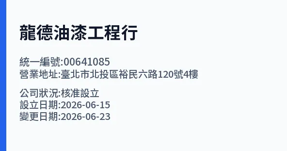 龍德油漆工程行的照片-統編 00641085(臺北市) 公司登記資料與營業項目詳細圖表