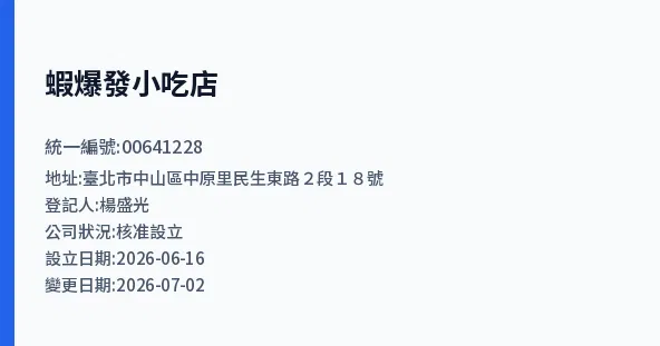蝦爆發小吃店的照片-統編 00641228(臺北市) 公司登記資料與營業項目詳細圖表