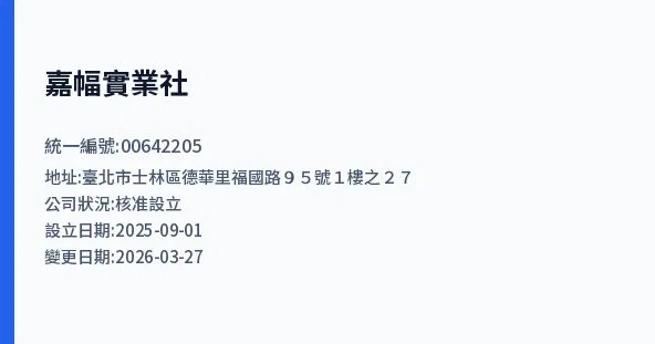 嘉幅實業社的照片-統編 00642205(臺北市) 公司登記資料與營業項目詳細圖表