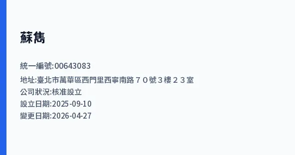 蘇雋的照片-統編 00643083(臺北市) 公司登記資料與營業項目詳細圖表