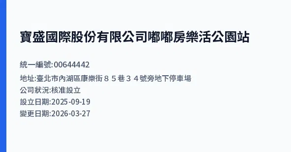 寶盛國際股份有限公司嘟嘟房樂活公園站的照片-統編 00644442(臺北市) 公司登記資料與營業項目詳細圖表