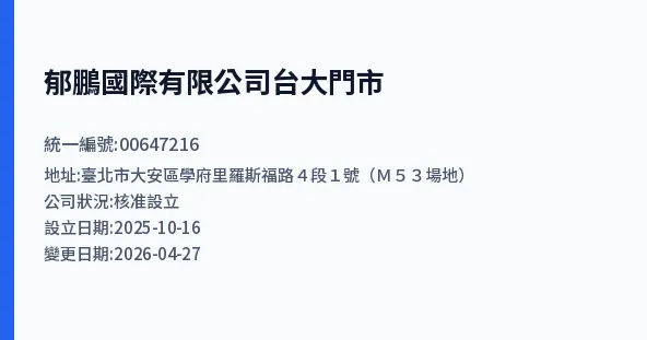 郁鵬國際有限公司台大門市的照片-統編 00647216(臺北市) 公司登記資料與營業項目詳細圖表