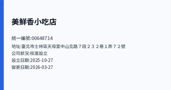 美鮮香小吃店的照片-統編 00648714(臺北市) 公司登記資料與營業項目詳細圖表