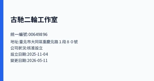古馳二輪工作室的照片-統編 00649896(臺北市) 公司登記資料與營業項目詳細圖表