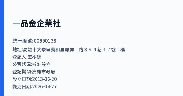 一品金企業社的照片-統編 00650138(高雄市) 公司登記資料與營業項目詳細圖表