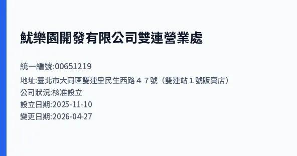 魷樂園開發有限公司雙連營業處的照片-統編 00651219(臺北市) 公司登記資料與營業項目詳細圖表