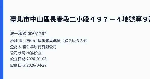 臺北市中山區長春段二小段497-4地號等9筆土地更新單元都市更新會的照片-統編 00651267(臺北市) 公司登記資料與營業項目詳細圖表