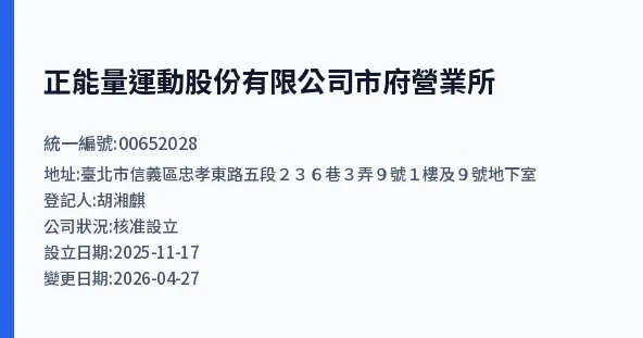 正能量運動股份有限公司市府營業所的照片-統編 00652028(臺北市) 公司登記資料與營業項目詳細圖表