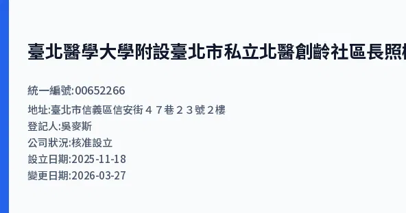 臺北醫學大學附設臺北市私立北醫創齡社區長照機構的照片-統編 00652266(臺北市) 公司登記資料與營業項目詳細圖表