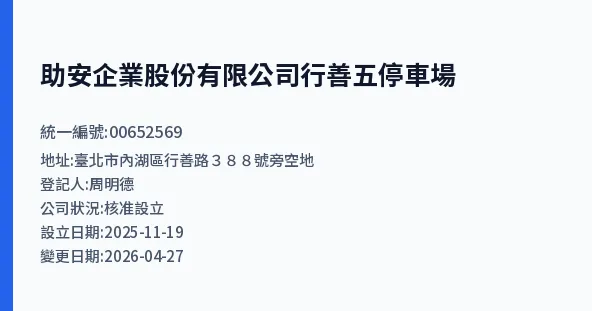 助安企業股份有限公司行善五停車場的照片-統編 00652569(臺北市) 公司登記資料與營業項目詳細圖表