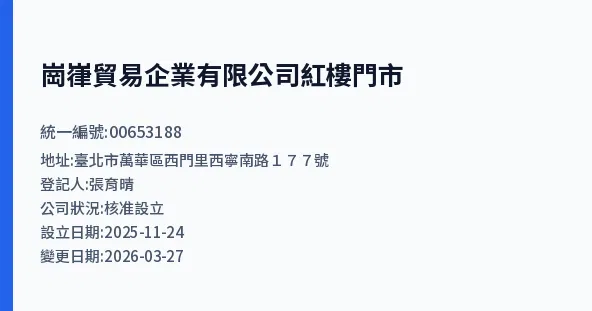崗嵂貿易企業有限公司紅樓門市的照片-統編 00653188(臺北市) 公司登記資料與營業項目詳細圖表