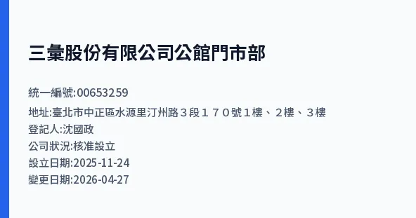 三彙股份有限公司公館門市部的照片-統編 00653259(臺北市) 公司登記資料與營業項目詳細圖表