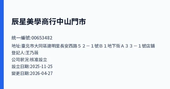 辰星美學商行中山門市的照片-統編 00653482(臺北市) 公司登記資料與營業項目詳細圖表
