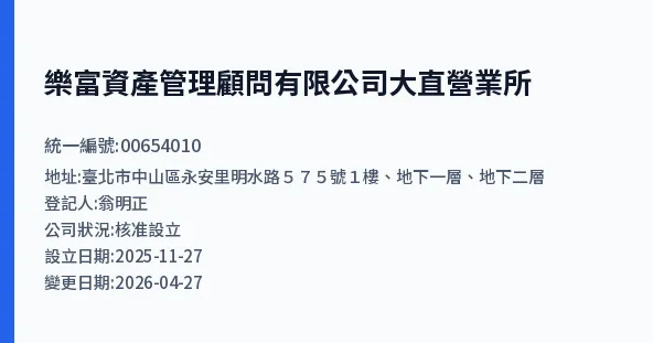樂富資產管理顧問有限公司大直營業所的照片-統編 00654010(臺北市) 公司登記資料與營業項目詳細圖表
