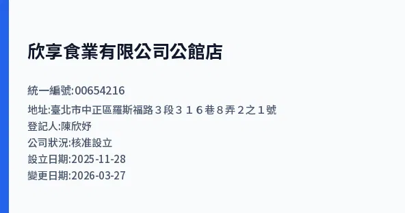 欣享食業有限公司公館店的照片-統編 00654216(臺北市) 公司登記資料與營業項目詳細圖表