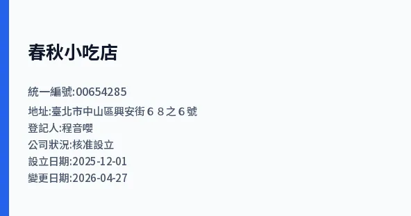 春秋小吃店的照片-統編 00654285(臺北市) 公司登記資料與營業項目詳細圖表